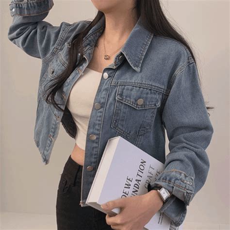 새학기깔끔핏 베일 데님 워싱 크롭 자켓 봄신상봄옷청청코디 에이블리