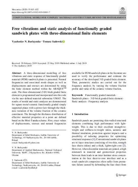 Pdf Free Vibrations And Static Analysis Of Functionally Graded Sandwich Plates With Three