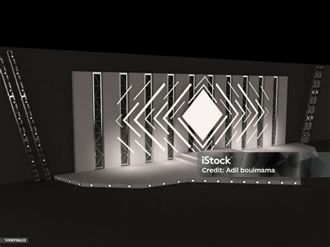 큰 정사각형 프로젝션 스크린 투시도가 있는 이벤트 대형 흰색 무대 천장 스포트라이트 시스템을 갖춘 맞춤형 무대 디자인 홀에 플랫폼 요소를 표시합니다 3d 렌더링 그림 0명에