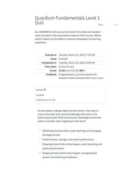 guardium fundamentals level 1 quiz attempt review pdf cloud