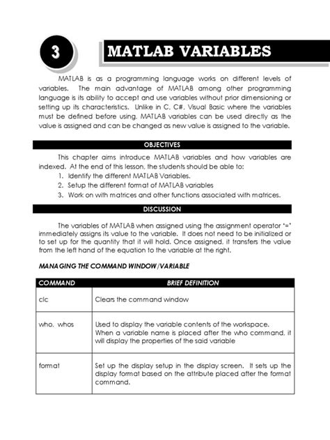 Matlab Variables Pdf Matrix Mathematics Array Data Structure
