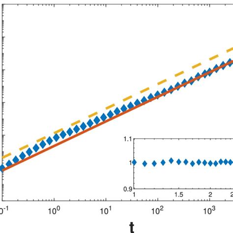 stochastic simulations of the msd versus time t on log log scale for