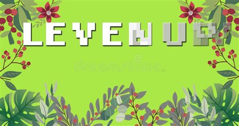 illustration of level up text with flowers and leaves against green