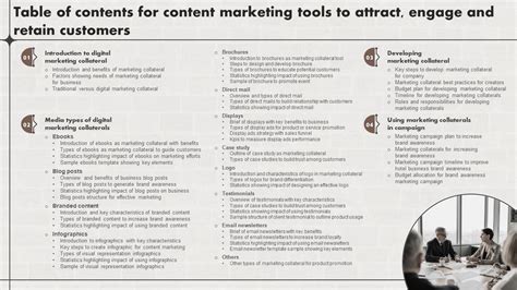 Table Of Contents For Content Marketing Tools To Attract Engage And Retain Customers Mkt Ss V