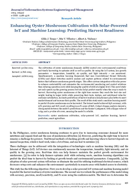 Pdf Enhancing Oyster Mushroom Cultivation With Solar Powered Iot And Machine Learning