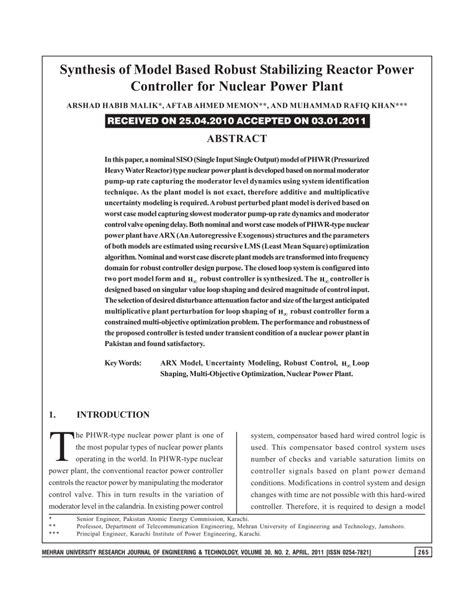 PDF Synthesis Of Model Based Robust Stabilizing Reactor Power Controller For CANDU PHWR Type