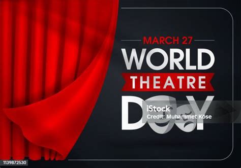 27 마트 두 야 티야롤라 구 귀 번역 3 월 27 일 세계 극장의 날 커튼 및 빨간 벨벳 커튼 연극 마스크와 장면 개념 인사말 카드 템플릿 벡터 일러스트입니다 3월에 대한
