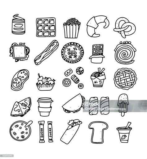 패스트 푸드 제품의 낙서 식품 세트 손으로 그린 과자 디저트 스낵 팝콘 미국 음식 및 영어 아침 식사 만화 음식 일러스트의 큰
