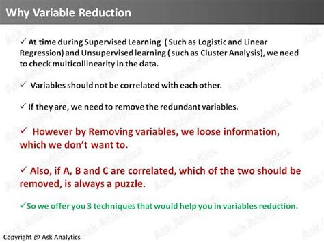 ask analytics variables reduction techniques ready reckoner