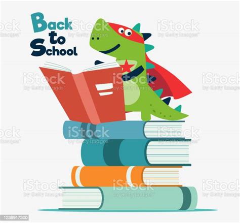 책을 읽고 슈퍼 히어로 의상에 재미 공룡 슈퍼 디노 바람에 흔들리는 망토와 서 만화 슈퍼 히어로 학교 벡터 개념으로 돌아가기 0