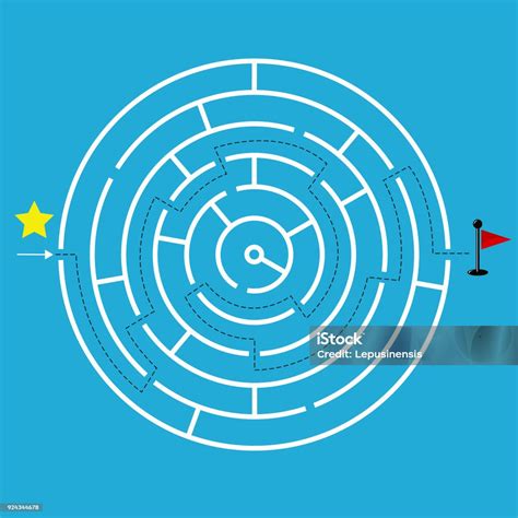 Circular Maze With One Way To Entrance And One Way To Exit Flat Design Vector Illustration Stock