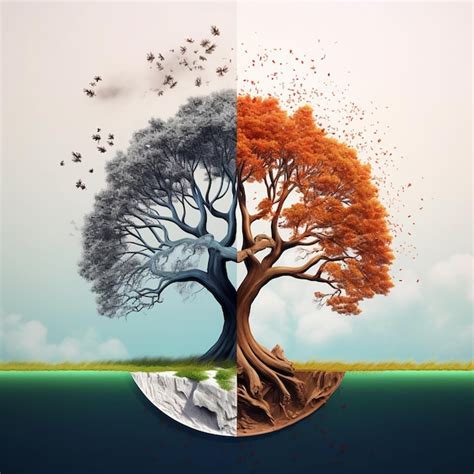 Premium Photo Tree With Two Seasons Compared Scene AI Generative