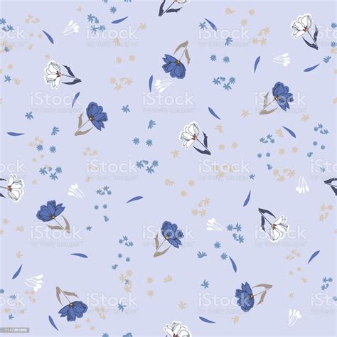 꽃 완벽 한 패턴입니다 꽃 피는 식물 모티프는 무작위로 흩어져 있습니다 유행 화려한 벡터 텍스처입니다 패션에 대 한 좋은 Ditsy 인쇄 손으로 그린 작은 꽃에 파란색 배경