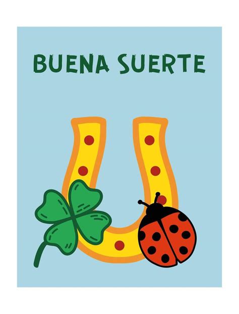 Buena Suerte Good Luck In Spanish Postcard Template With Ladybug Four Leaf Clover And
