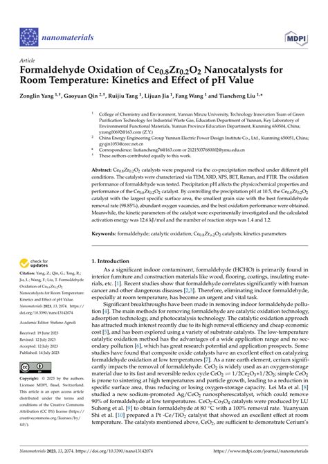 Pdf Formaldehyde Oxidation Of Ce08zr02o2 Nanocatalysts For Room Temperature Kinetics And