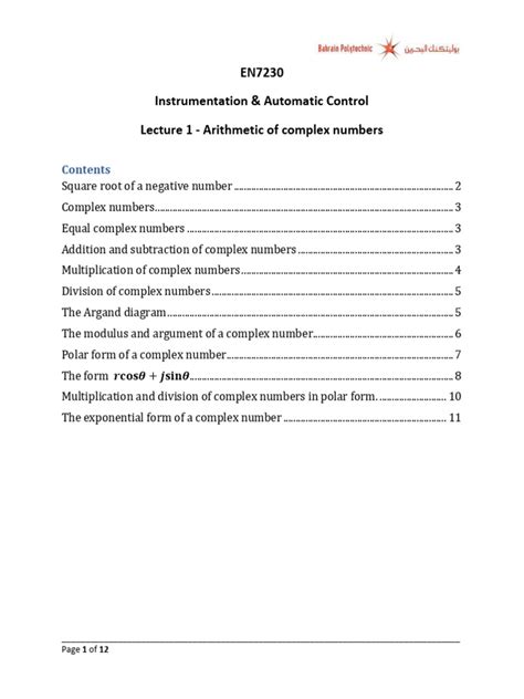 Lecture 1 Arithmetic Of Complex Numbers Pdf Complex Number Numbers