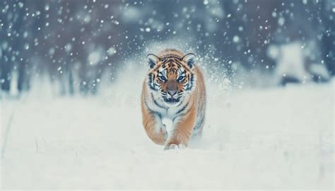 Siberian Tiger Cub Running Through Snow In Winter Landscape Stock
