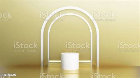 추상 3d 제품은 기하학적 모양의 장면을 위한 연단 쇼케이스를 표시합니다 화장품을 보여주는 3d 렌더링 단계 골드 스튜디오의 고급 흰색 원형 프레임 조명 3차원 형태에 대한