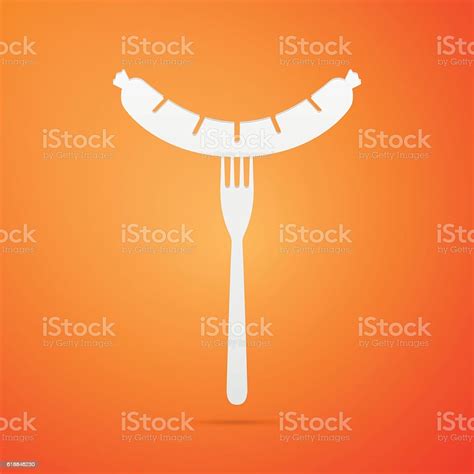 오렌지 배경 위에 포크 플랫 아이콘에 소시지 벡터 일러스트레이션 갈색에 대한 스톡 벡터 아트 및 기타 이미지 갈색 고기 굽기 Istock