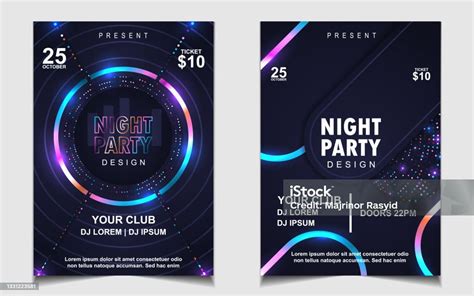 야간 댄스 파티 음악 레이아웃 커버 디자인 템플릿 배경 다채로운 어두운 파란색 반짝이 스타일 광 전자 벡터 파티에 대한 스톡 벡터 아트 및 기타 이미지 Istock