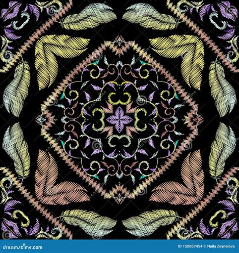 Colorful Embroidery Floral Seamless Pattern Vector Geometric Textured Background Stock Vector