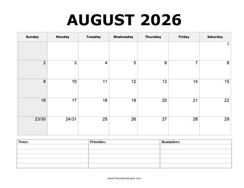 Free August 2026 Calendar Printable Pdf Word