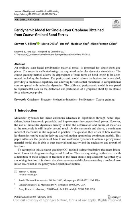 Peridynamic Model For Single Layer Graphene Obtained From Coarse Grained Bond Forces Request Pdf