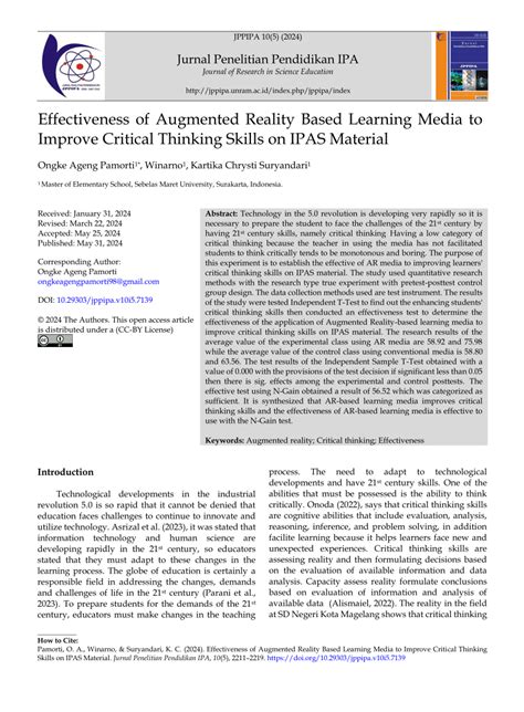 Pdf Effectiveness Of Augmented Reality Based Learning Media To