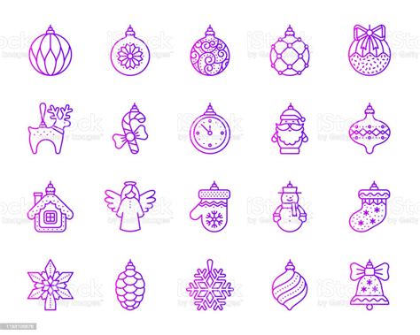 Xmas Tree Decor Simple Color Line Icons Vector Set Stock Illustration