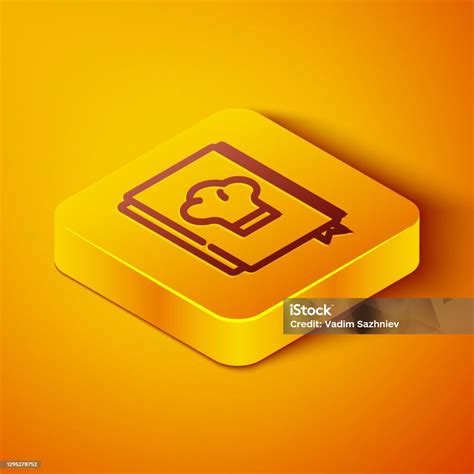 주황색 배경에 격리된 등극 선 쿡북 아이콘입니다 요리 책 아이콘 레시피 북 포크와 칼 아이콘 칼 붙이 기호 노란색 사각형 버튼입니다 벡터 고풍스런에 대한 스톡 벡터 아트 및