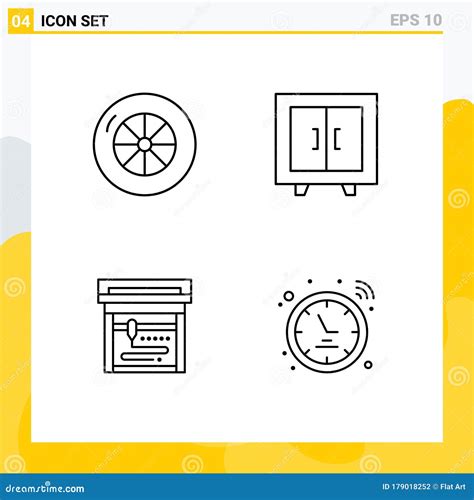 Set Of 4 Vector Filledline Flat Colors On Grid For Tire Signal Furniture Machine Watch Stock