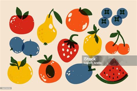 Risograph 과일과 열매 만화 자연 요소 스크린 리소 인쇄 효과 리노 컷 정원 식물 벡터 세트 과일에 대한 스톡 벡터 아트 및 기타 이미지 Istock