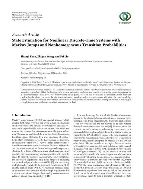 Pdf State Estimation For Nonlinear Discrete Time Systems With Markov
