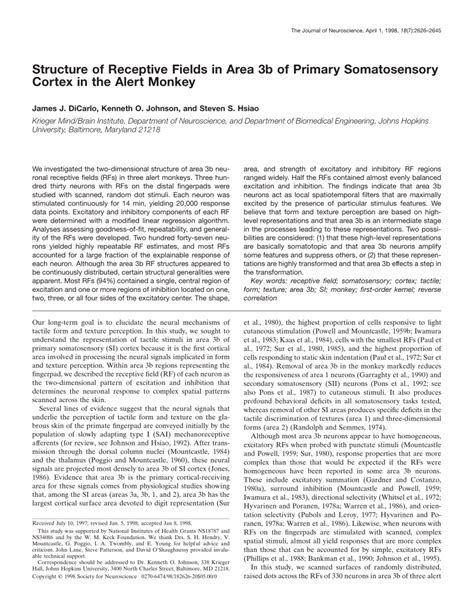 Pdf Structure Of Receptive Fields In Area 3b Of Primary Somatosensory