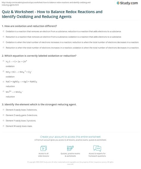 Quiz And Worksheet How To Balance Redox Reactions And Identify