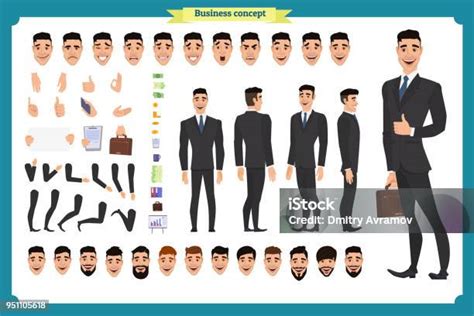 전면 측면 후면 애니메이션 캐릭터입니다 관리자 문자 창조와 다양 한 플레이 헤어스타일 얼굴 감정 포즈 제스처 설정 사람들이 문자 등장인물에 대한 스톡 벡터 아트 및 기타