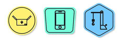 교통 기호와 라인 골판지 상자 응용 프로그램 배달 추적 및 항구 포트 크레인과 휴대 전화 컬러 셰이프입니다 벡터 감시에 대한