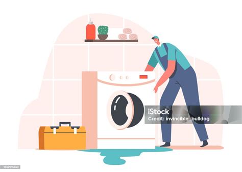 배관공 한 시간 수리 서비스에 대한 남편 깨진 세탁기를 고정 하는 악기와 균일 한 작업의 문자 가정 생활에 대한 스톡 벡터 아트 및 기타 이미지 Istock