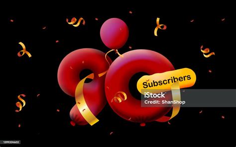 90 추종자가있는 배너는 3d 빨간색 풍선과 다채로운 색종이의 형태로 감사합니다 벡터 일러스트 레이 션 3d 숫자 소셜 미디어 90 추종자 감사 3차원 형태에 대한 스톡