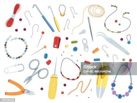 보석 만들기 도구 구슬은 혼합 및 예술 손 작업 수공예품 또는 워크샵 액세서리 반지 귀걸이 또는 목걸이 공예 팔찌 괜찮은 벡터 요소 만들기 공예에 대한 스톡 벡터 아트 및