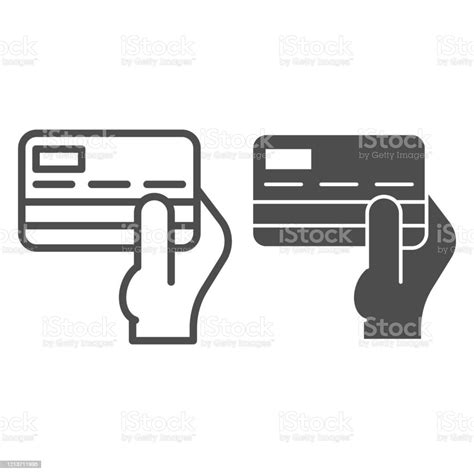 핸드 라인과 솔리드 아이콘에 신용 카드 급여 작업 항목 기호를 들고 있는 사람 흰색 배경에 윤곽 스타일 그림 모바일 개념 및 웹 디자인에 대한 송금 기호 벡터 그래픽 개념에