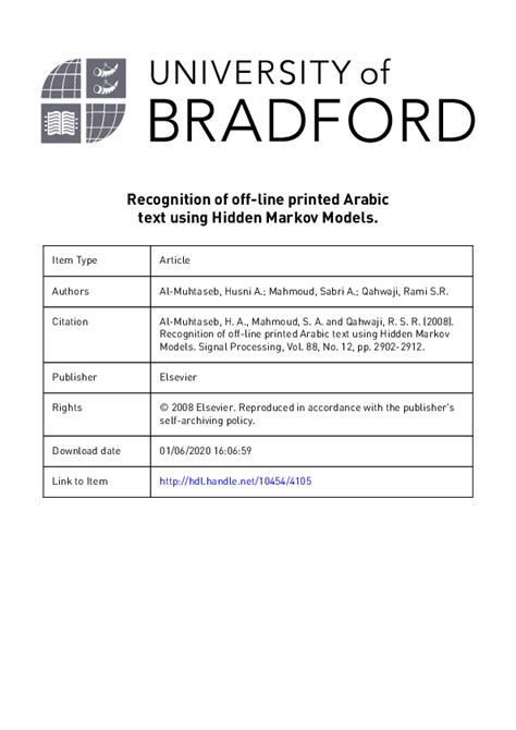 Pdf Recognition Of Off Line Printed Arabic Text Using Hidden Markov