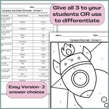Place Value Compare Decimals Differentiated Color By Number Activity Worksheets