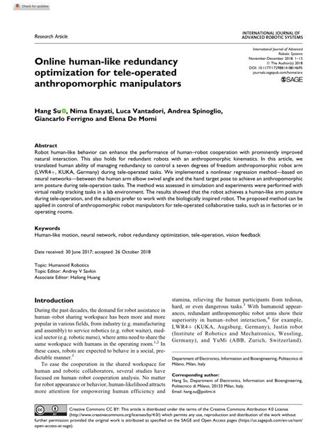 Pdf Online Human Like Redundancy Optimization For Tele Operated