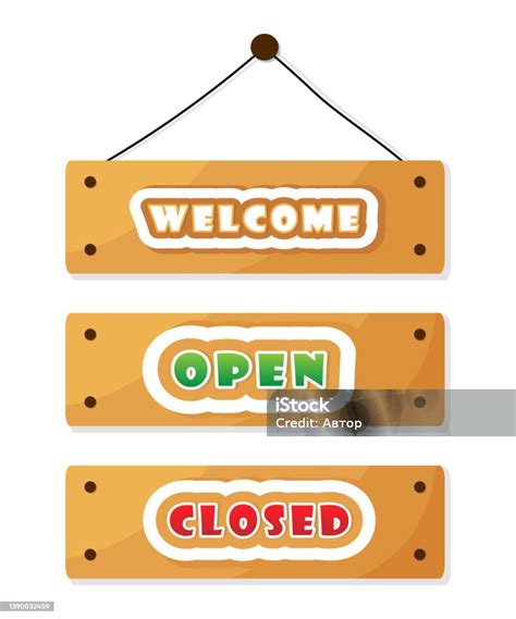환영 개방 폐쇄 텍스트 나무 표시 고립 된 상점 입구 디자인 요소 만화 나무 질감 방향 도어 보드 판자 정보 배너 템플릿입니다 간판에 대한 스톡 벡터 아트 및 기타 이미지