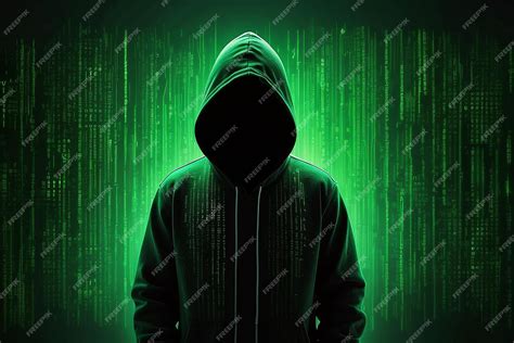 Silhouette Of A Hacker In A Hood With Binary Code On A Luminous Green Background Premium Ai