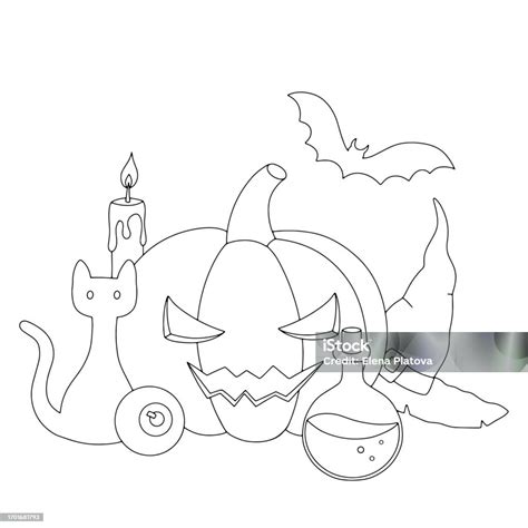 호박 박쥐 마녀 모자로 할로윈 구성을 설명합니다 색칠하기 책을 위한 선 그림 0명에 대한 스톡 벡터 아트 및 기타 이미지 0