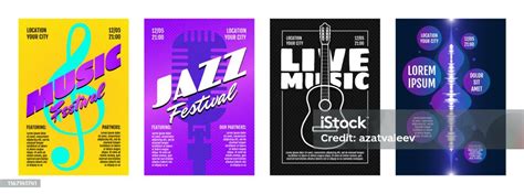 음악 재즈 전자 라이브 페스티벌 쇼 포스터 또는 초대 전단지 커버 템플릿 세트 음파와 고음 음자리표와 복고풍 마이크어쿠스틱 기타