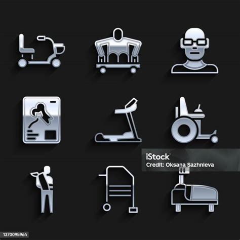 러닝머신 워커 병원 침대 전동 휠체어 인간 부러진 팔 엑스레이 촬영 시력 저하 및 아이콘을 설정합니다 벡터 걷기에 대한 스톡 벡터 아트 및 기타 이미지 Istock