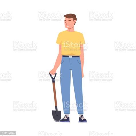ตัวละครชายยืนด้วยพลั่วหรือจอบมีส่วนร่วมในการขุดดินเพื่อปลูกต้นไม้ต้นอ่อนภาพประกอบเวกเ ภาพประกอบ